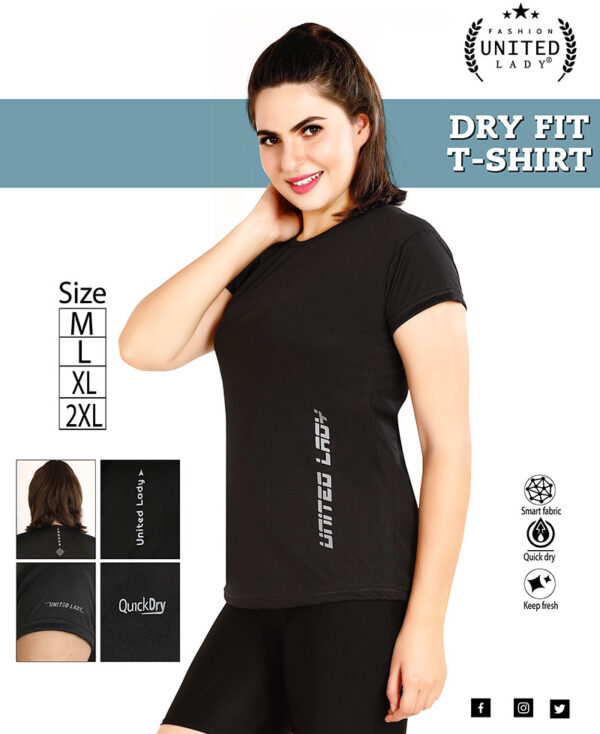 Women Dry Fit Single Color T-shirt with Beautiful Design - United Lady